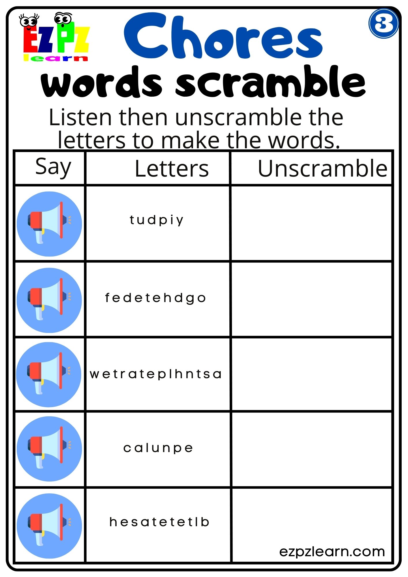 Chores Interactive Worksheet Listen, Unscramble and Write the Words ...